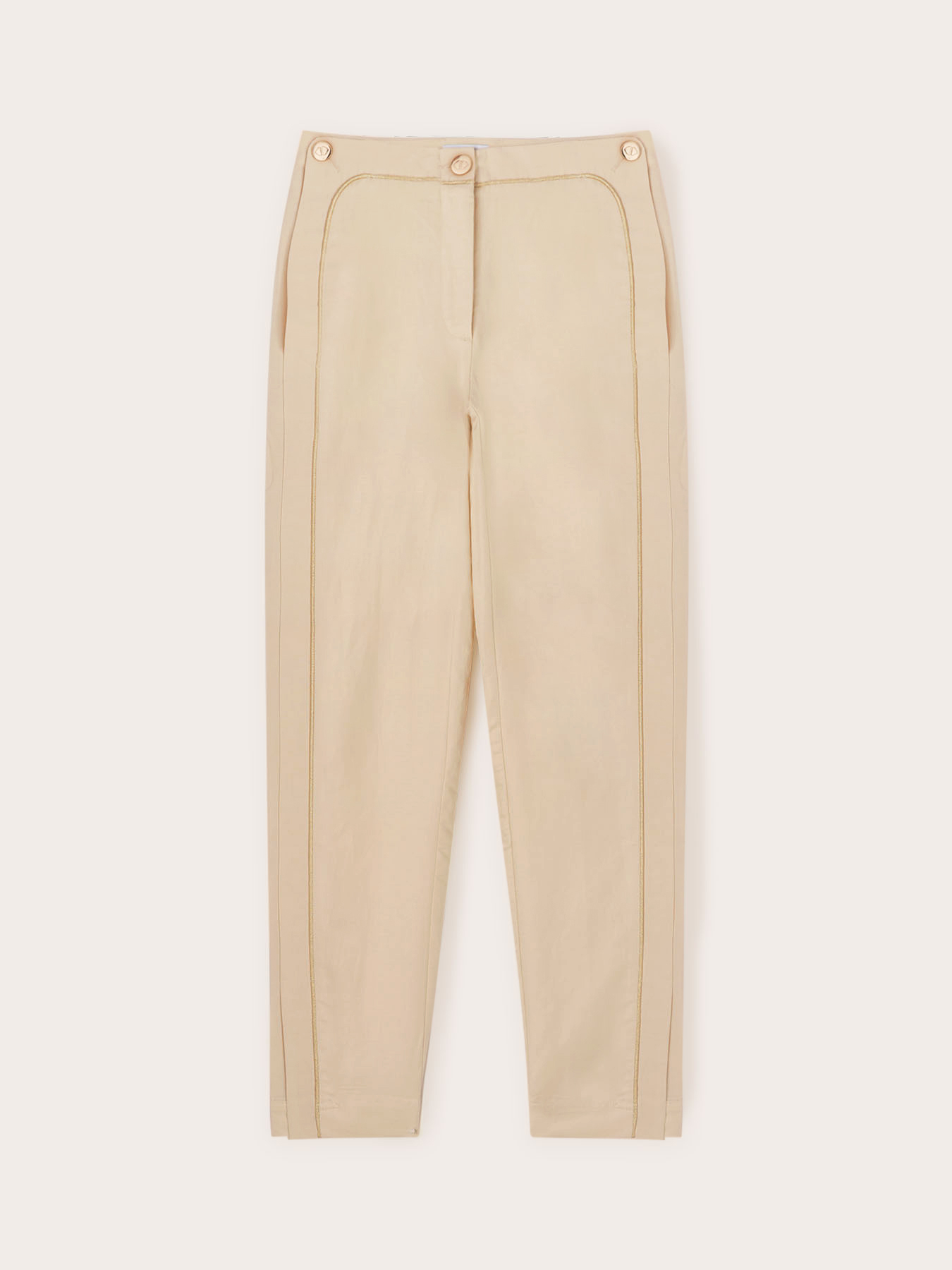 Trousers with piping and slit at the hem